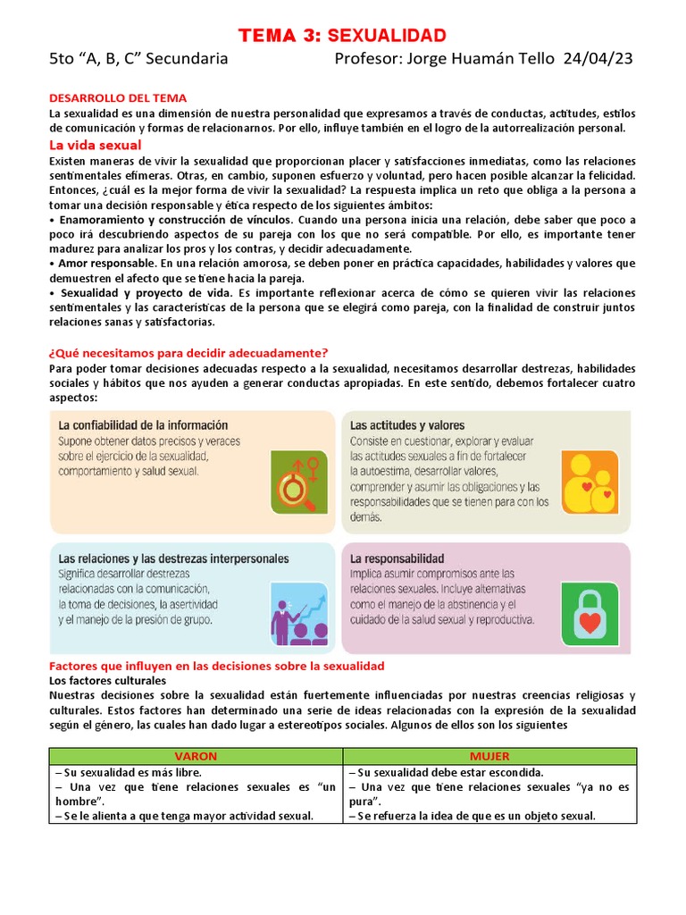 Tema 3 DPCC 5to Secundaria Sexualidad Responsable - Trabajo Individual y Grupal | PDF | La ...