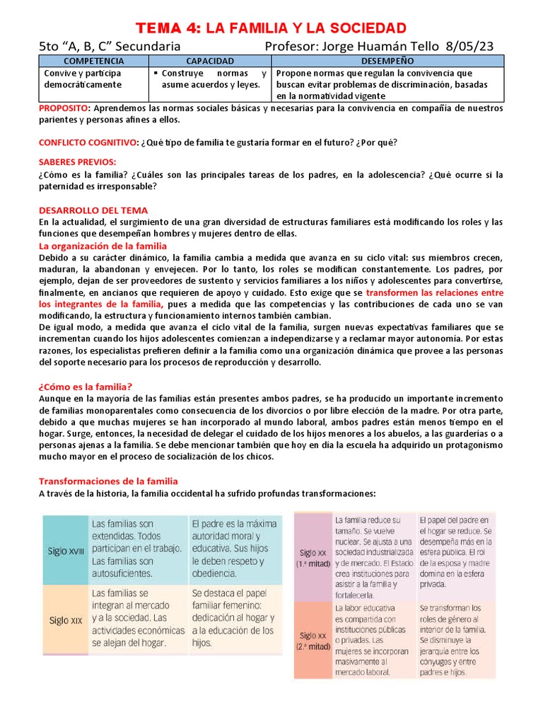 TEMA 4 DPCC 5to SECUNDARIA La Familia y La Sociedad | PDF