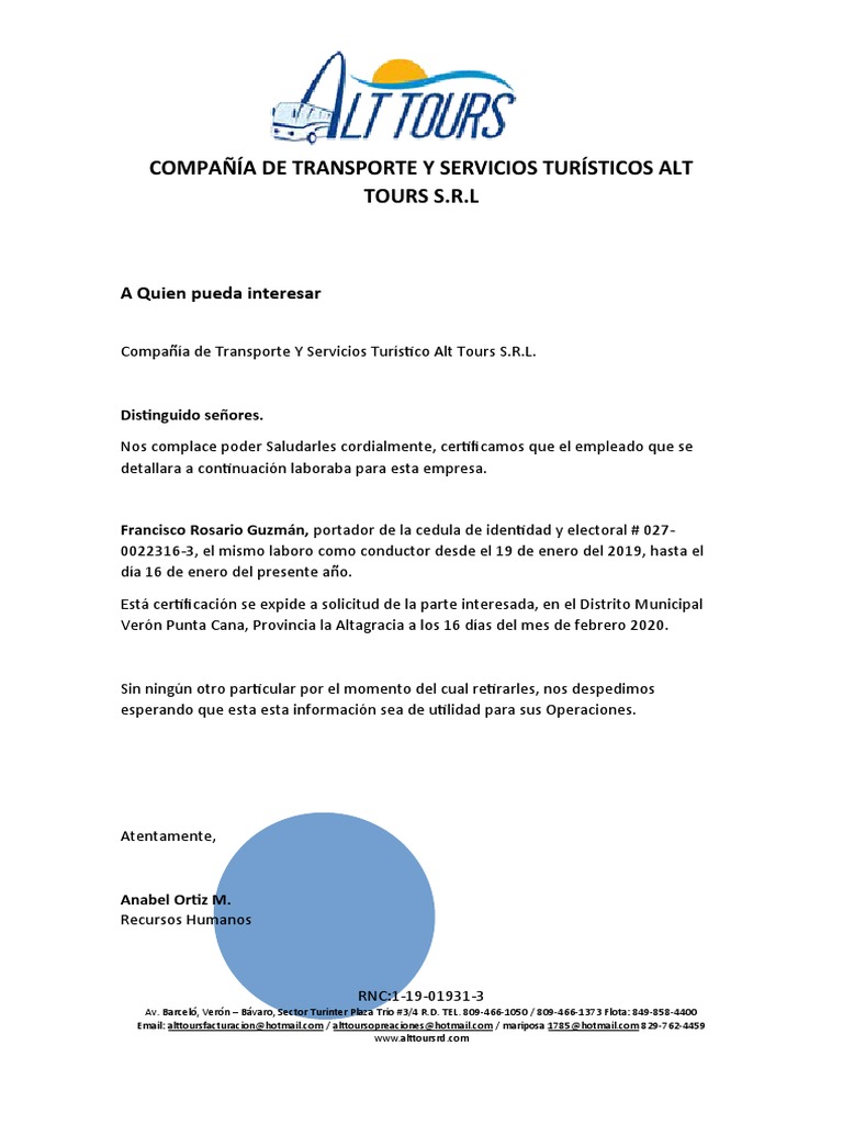 Compañía de Transporte y Servicios Turísticos Alt Tours S | PDF
