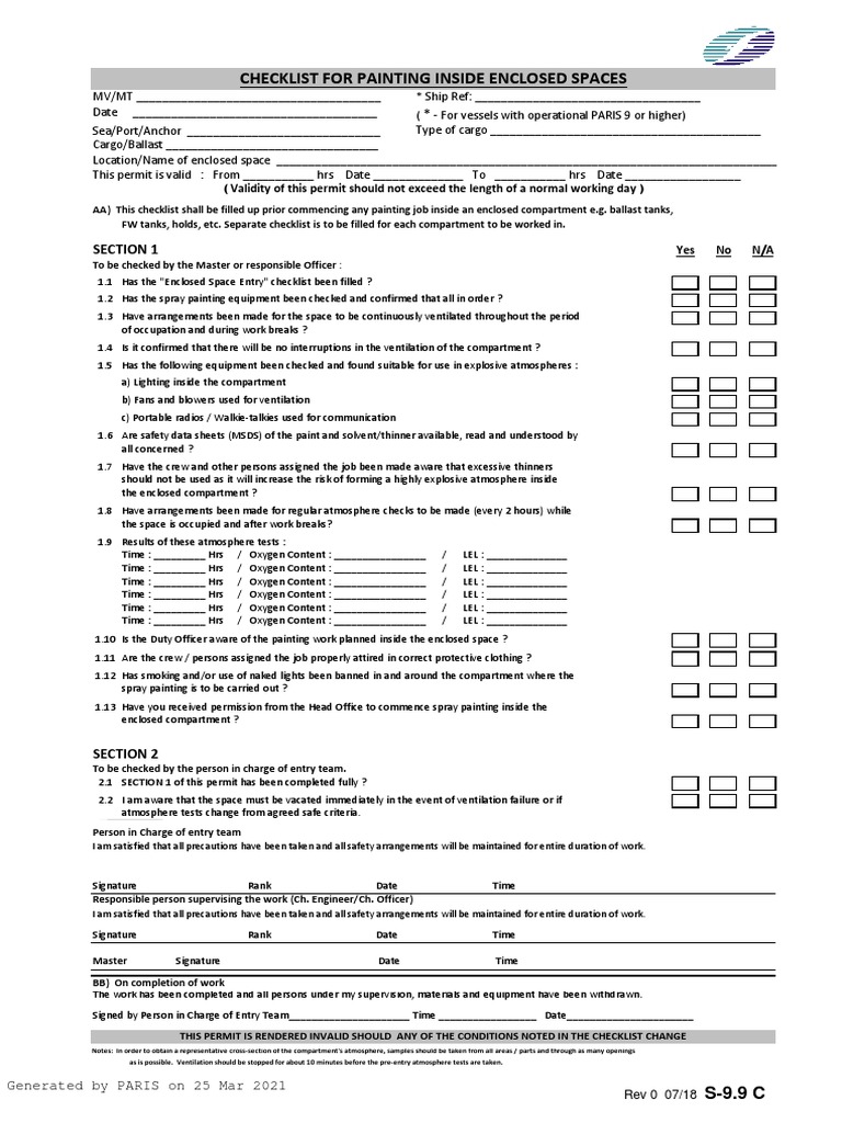 S 9.9C - Permit For Painting in Enclosed Space | PDF
