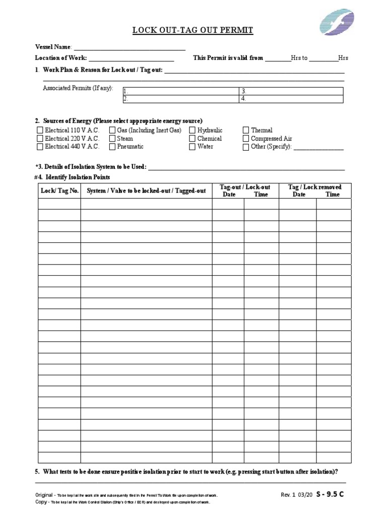 S 9.5C - Lock Out Tag Out Permit | PDF | Codes Of Conduct | Regulation