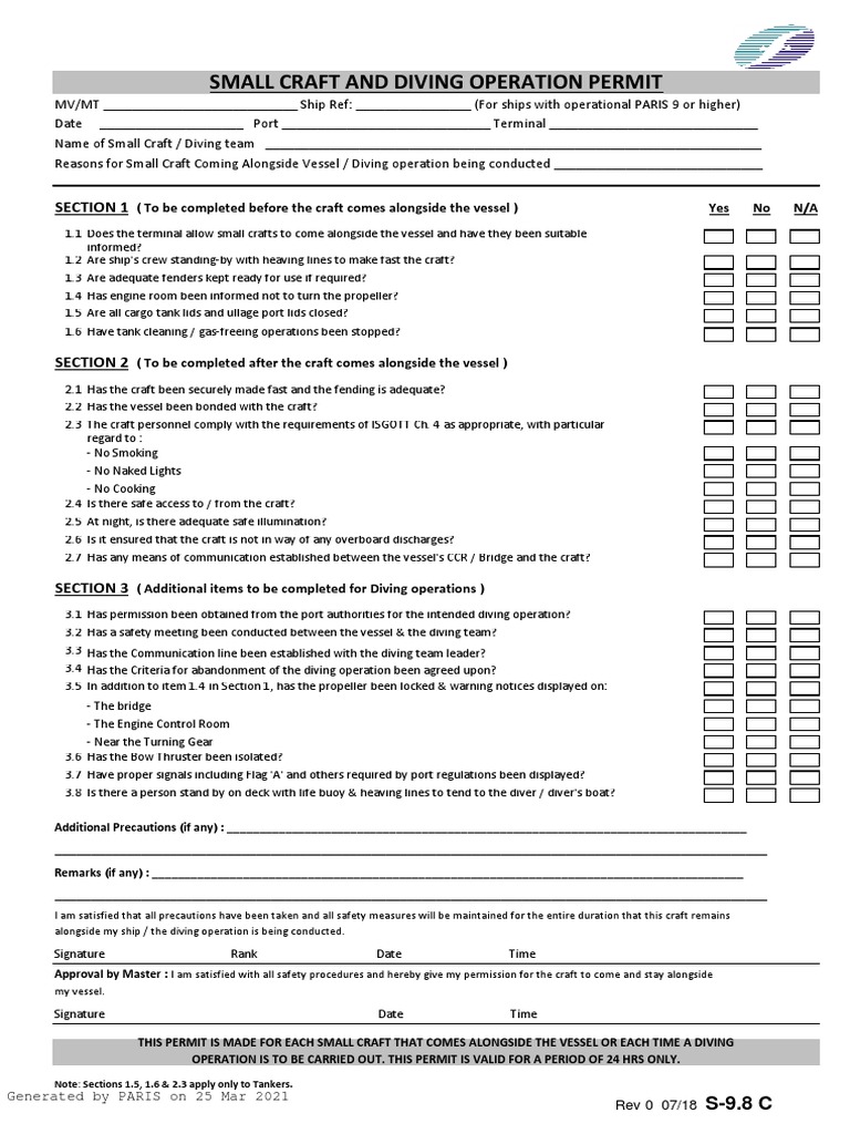 S 9.8C - Small Craft and Diving Operation Permit | PDF | Ships ...