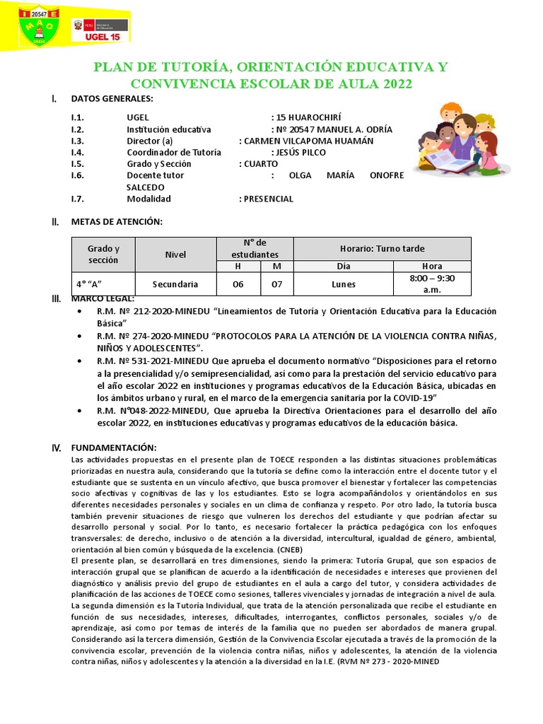 PLAN DE TUTORIA 2022 Olga | PDF | Salón de clases | Evaluación