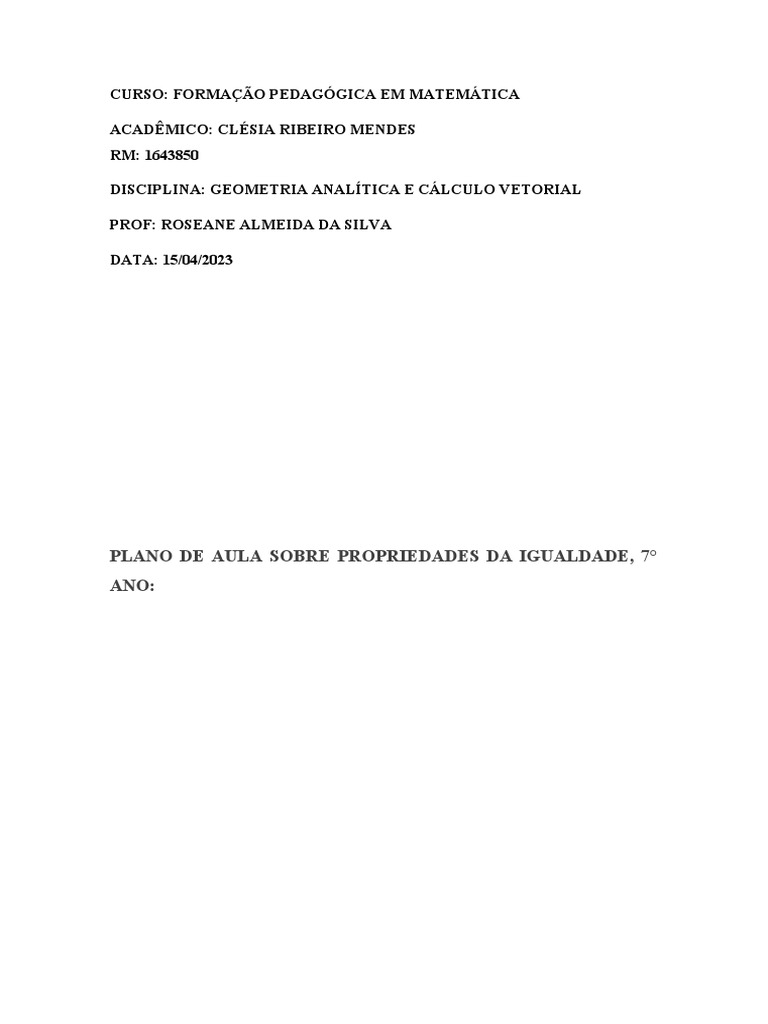 Plano de Aula Geometria Analítica | PDF | Matemática | Geometria Plano de Aula Geometria Analítica | PDF | Matemática | Geometria