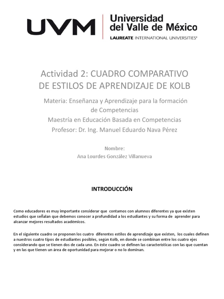 Cuadro Comparativo de Estilos de Aprendizaje de Kolb | PDF Cuadro Comparativo de Estilos de Aprendizaje de Kolb | PDF