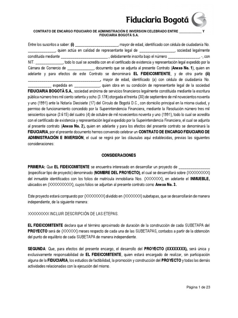 Contrato de Encargo Fiduciario Aprobado Por La Superintendencia ...