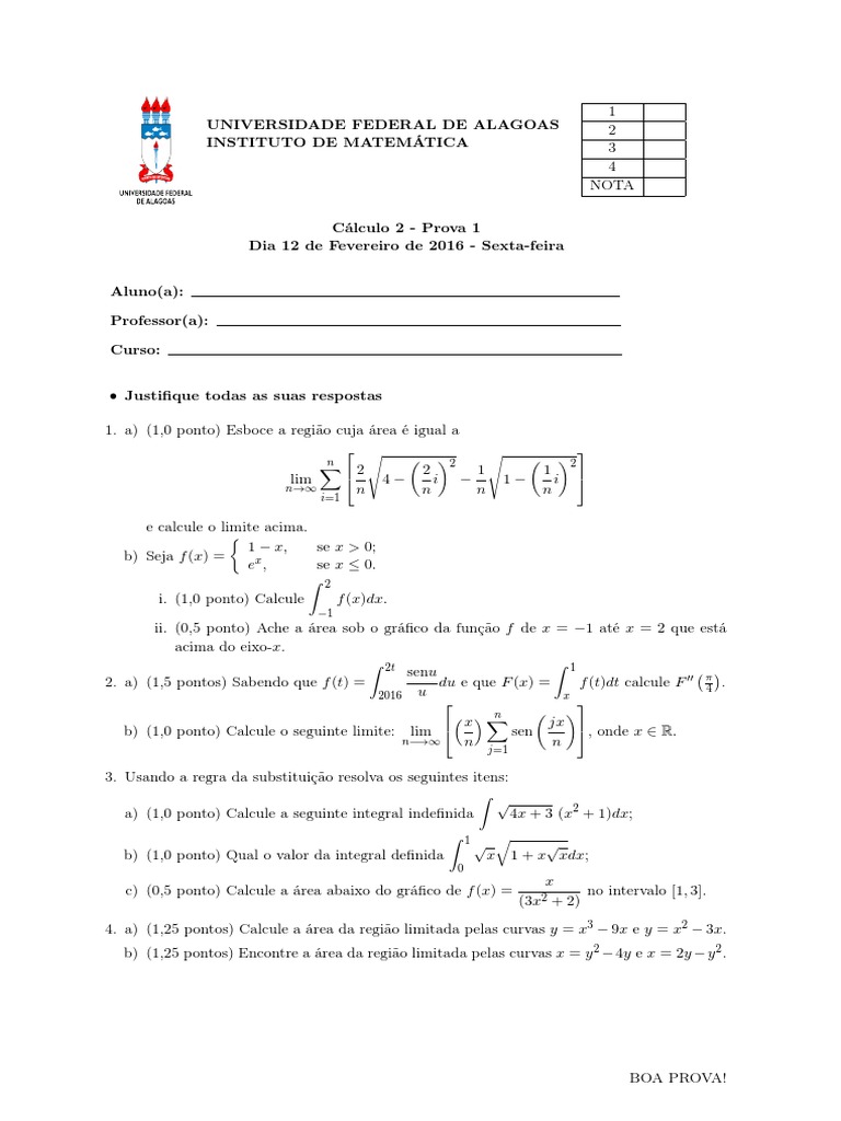 Primeira Avaliação De Cálculo 2 Pdf Cálculo Limite Matemática