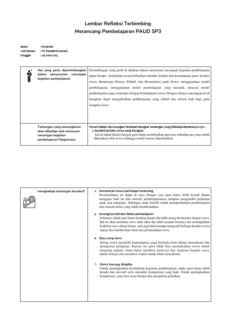 Lembar Kerja Refleksi Terbimbing Modul PAUD SP3 Rusmiati) | PDF | Karier & Perkembangan ...