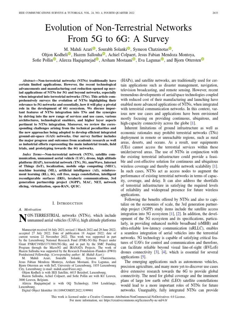 Evolution Of Non Terrestrial Networks From 5g To 6g A Survey Pdf Extremely High Frequency
