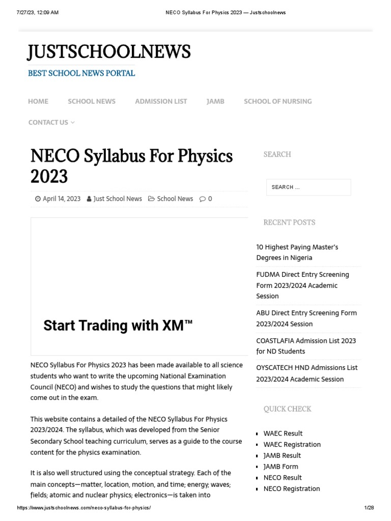 NECO Syllabus For Physics 2023 - Justschoolnews | PDF | Science & Mathematics | Computers