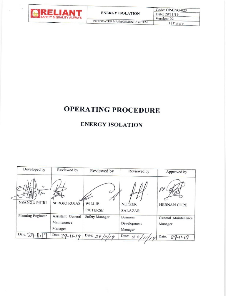 OP ENG 023 Energy Isolation | PDF