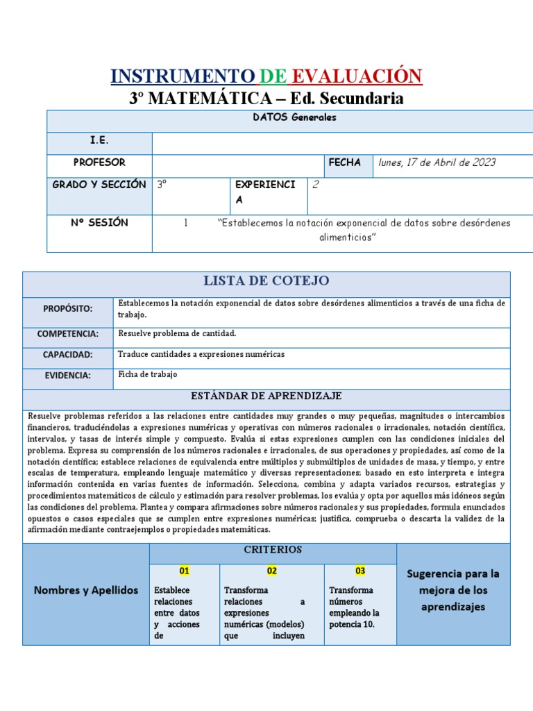 3°instrumento de Evaluación Sesión1-Exp2 Matemática | PDF | Matemáticas ...