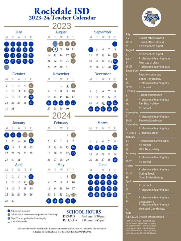Rockdale ISD 2023-24 Teacher Calendar | PDF | Traditions | Public Holiday