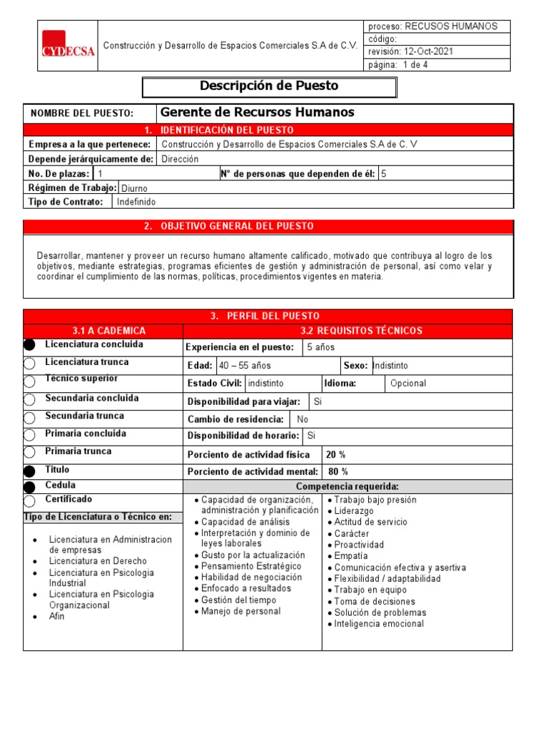 Descripcion de Puesto GERENTE DE RECURSOS HUMANOS 12102021 | PDF