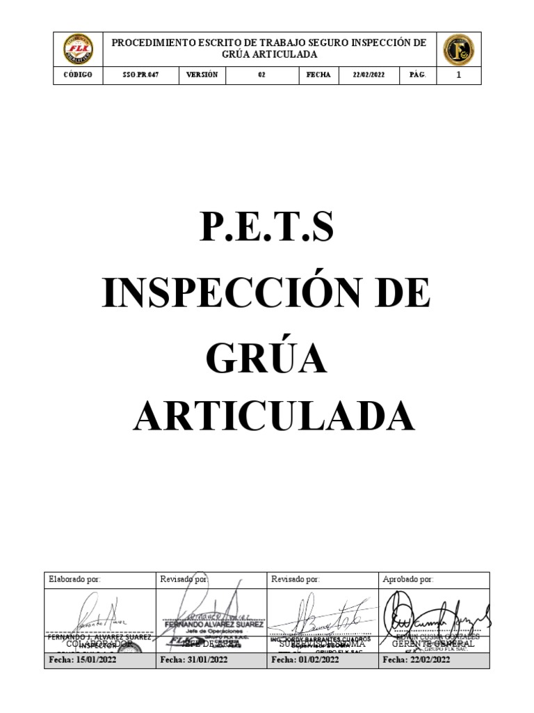 Sso - PR.047 Pets de Inspeccion Grua Articulada | PDF | Seguridad y salud ocupacional