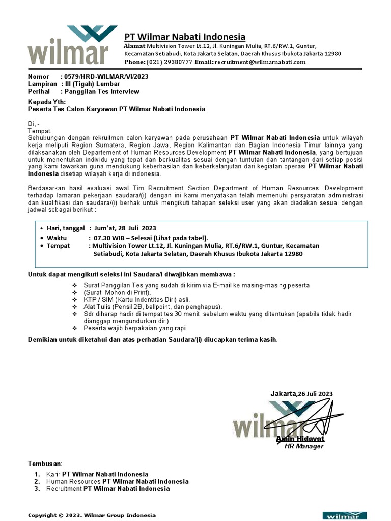 FIle Undangan Interview PT. Wilmar Nabati Indonesia 2023 | PDF
