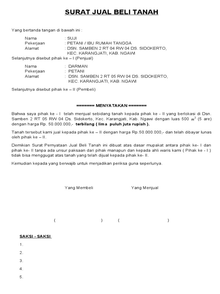 Surat Jual Beli Tanah Ngawi 500m² | PDF | Hukum