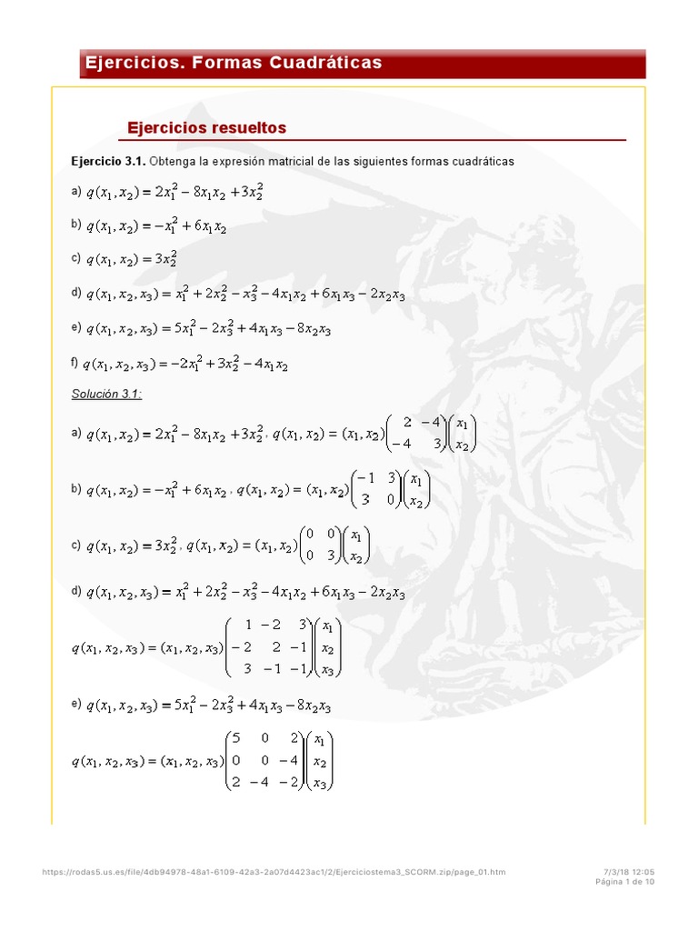 9 Ejercicios. Formas Cuadraticas | PDF | Matriz (Matemáticas) | Relaciones matematicas
