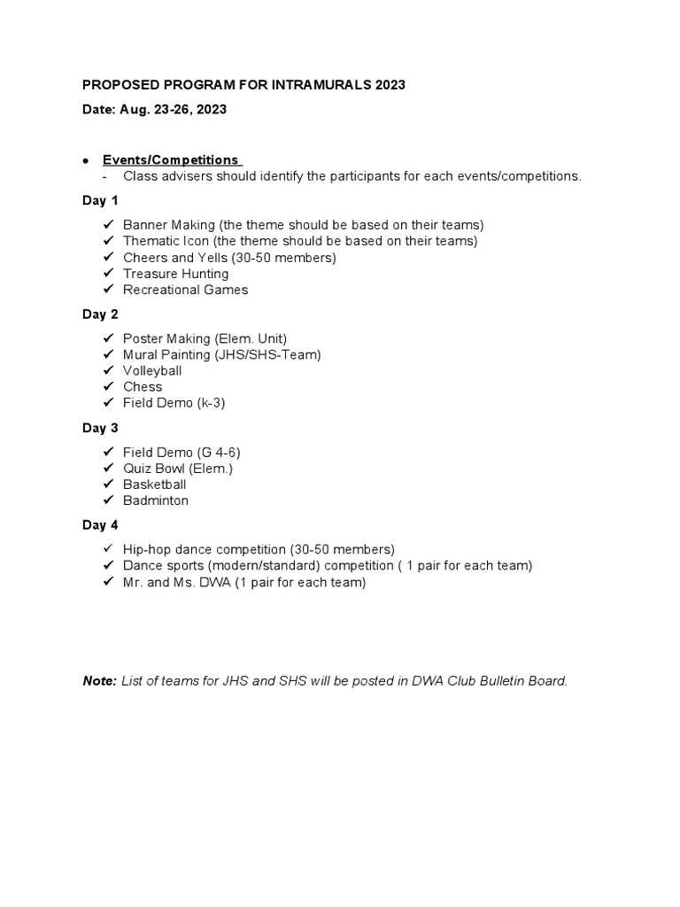 Proposed Program For Intramurals 2023 | PDF