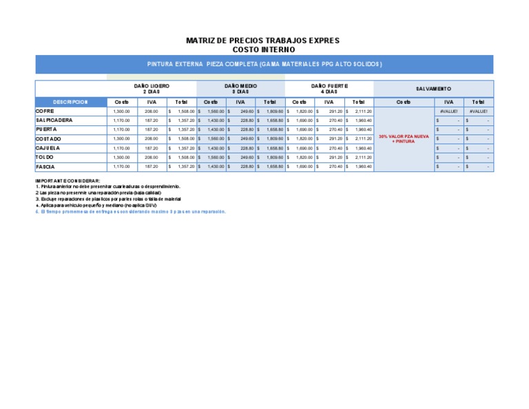 Matriz Precios Hojalatería - V1 | PDF