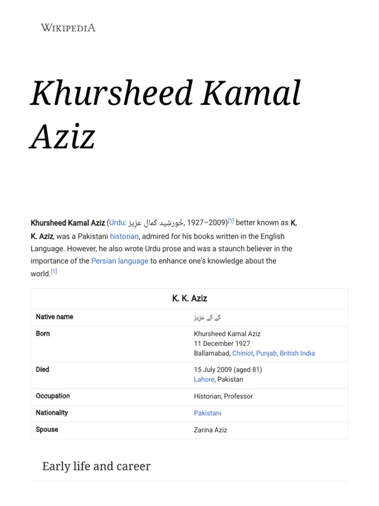 Khursheed Kamal Aziz - Wikipedia | PDF | Pakistan | South Asia