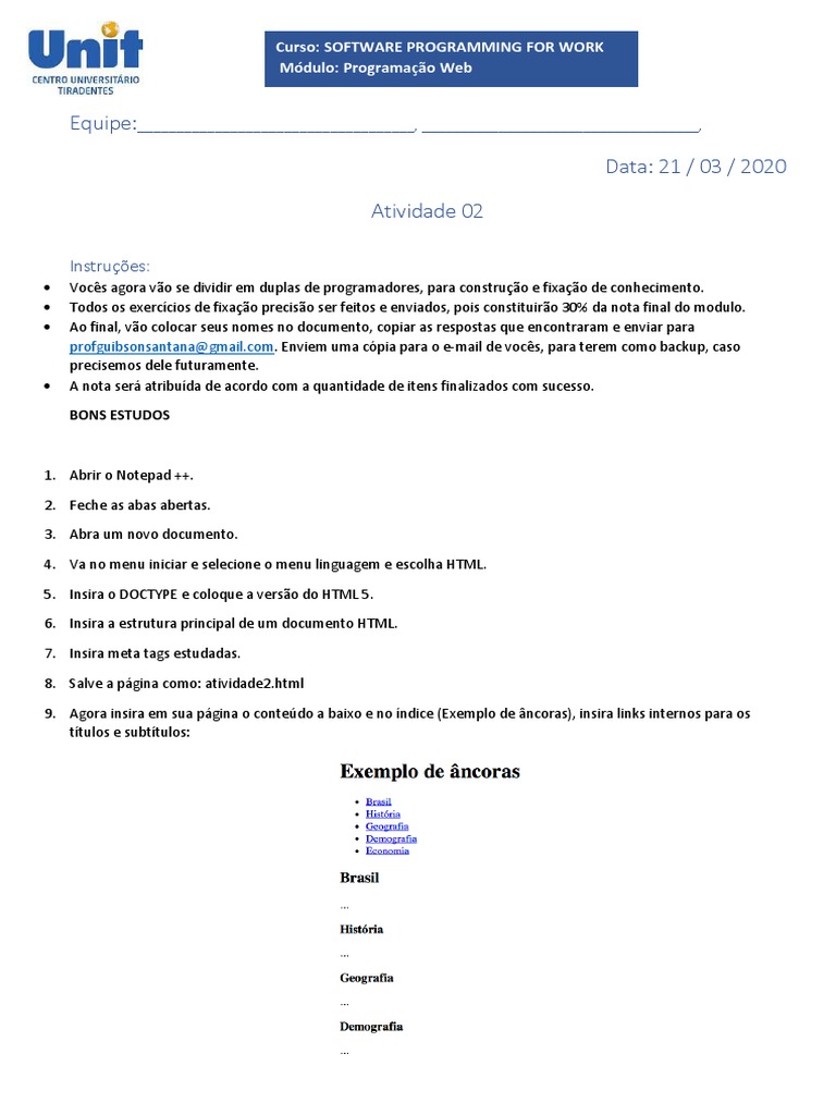 Atividade de Programação Web em HTML | PDF