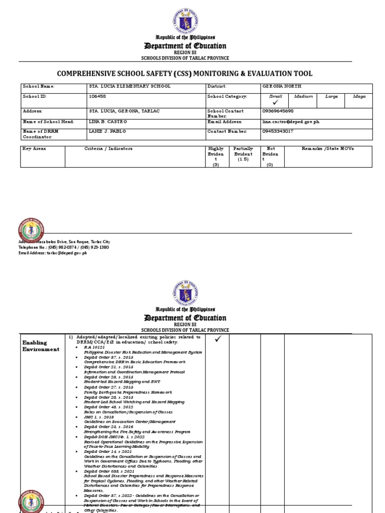 Sta. Lucia ES - CSS Monitoring | PDF | Emergency | Disaster Risk Reduction
