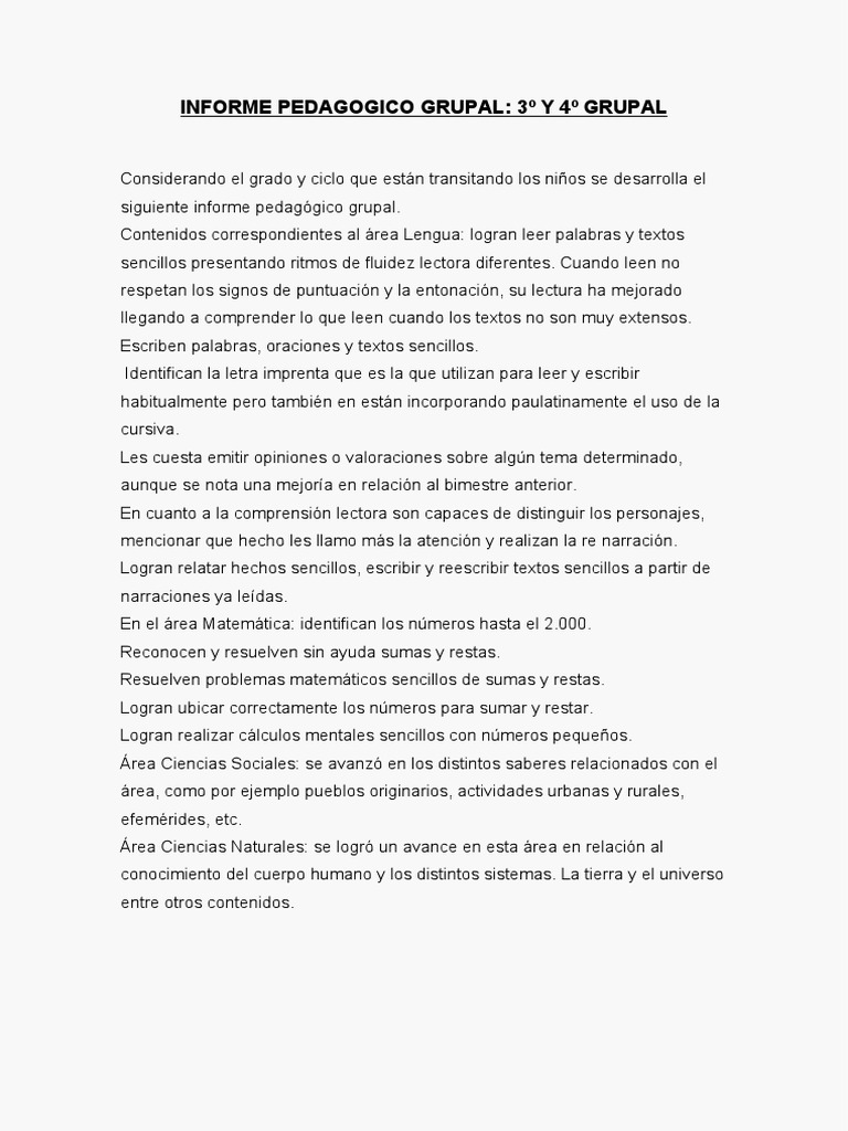 INFORME PEDAGOGICO GRUPAL 3º Y 4º GRADO (1) | PDF