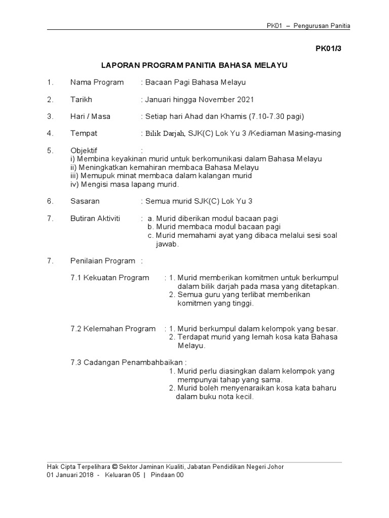 Laporan Program Bacaan Pagi Bahasa Melayu | PDF | Karier & Perkembangan