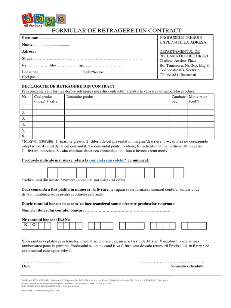 Formular Retragere Din Contract SMYK | PDF