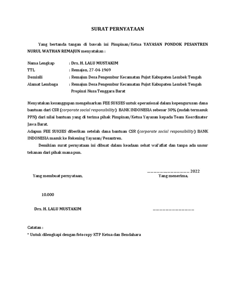 Surat Pernyataan CSR Bi | PDF