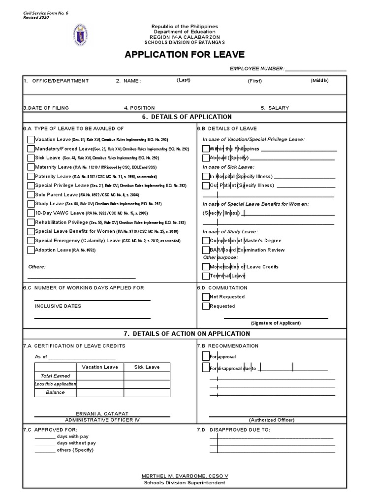 CS Form No. 6 Revised 2020 Application For Leave Fillable 1 | PDF ...
