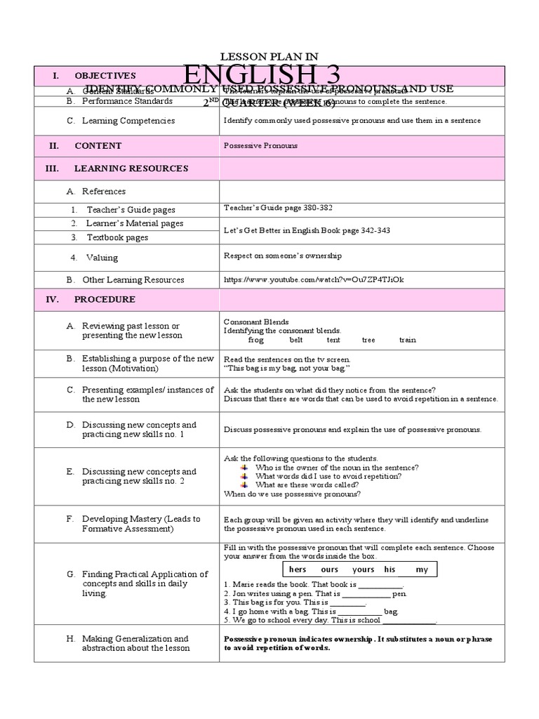Lesson Plan - Eng 3 Possesive Pronoun | PDF | Pronoun | Learning