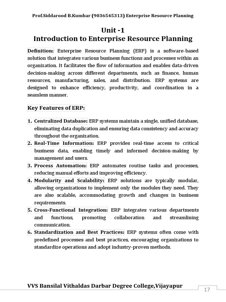 Unit - 1 Introduction To Enterprise Resource Planning: Key Features of ...