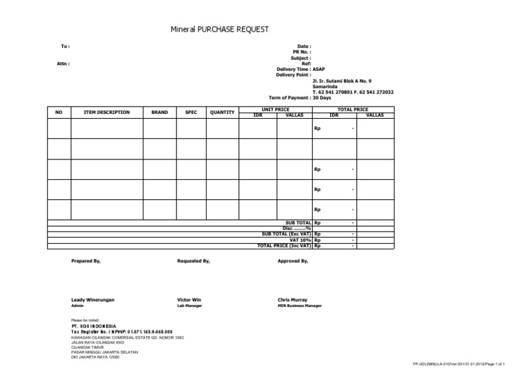 PF - (ID) - (MIN) - LA-010 Mineral Purchase Request | PDF | Taxes ...