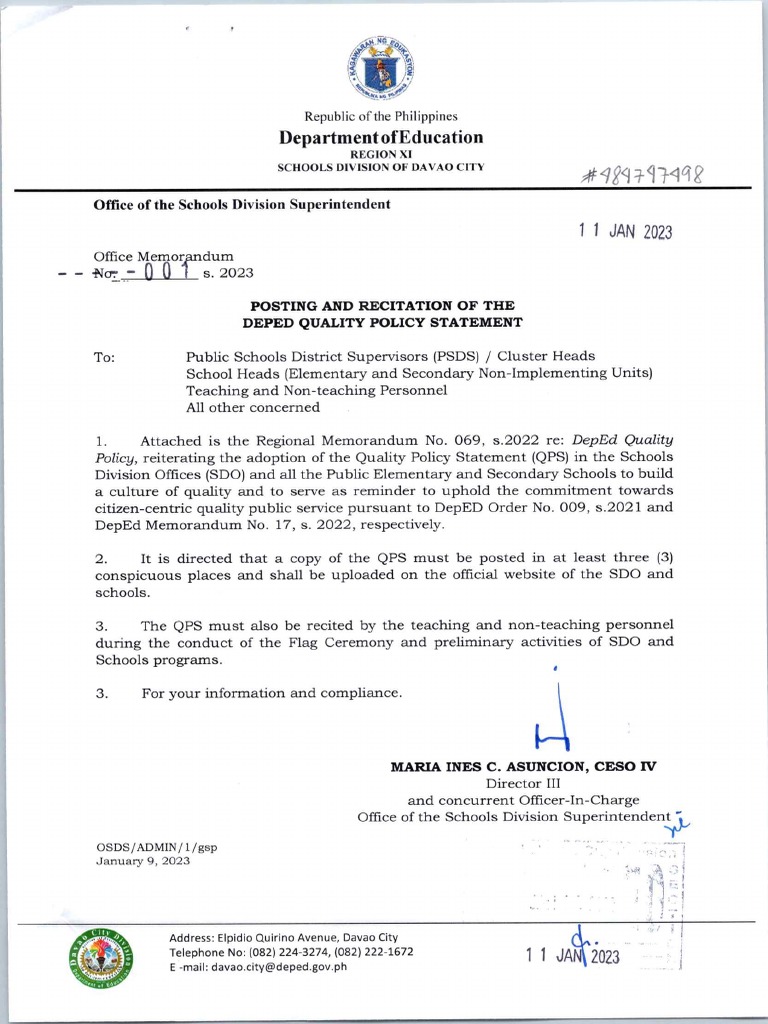 2023-OFFICE MEMORANDUM No. 001 - POSTING AND RECITATION OF THE DEPED QUALITY POLICY STATEMENT | PDF