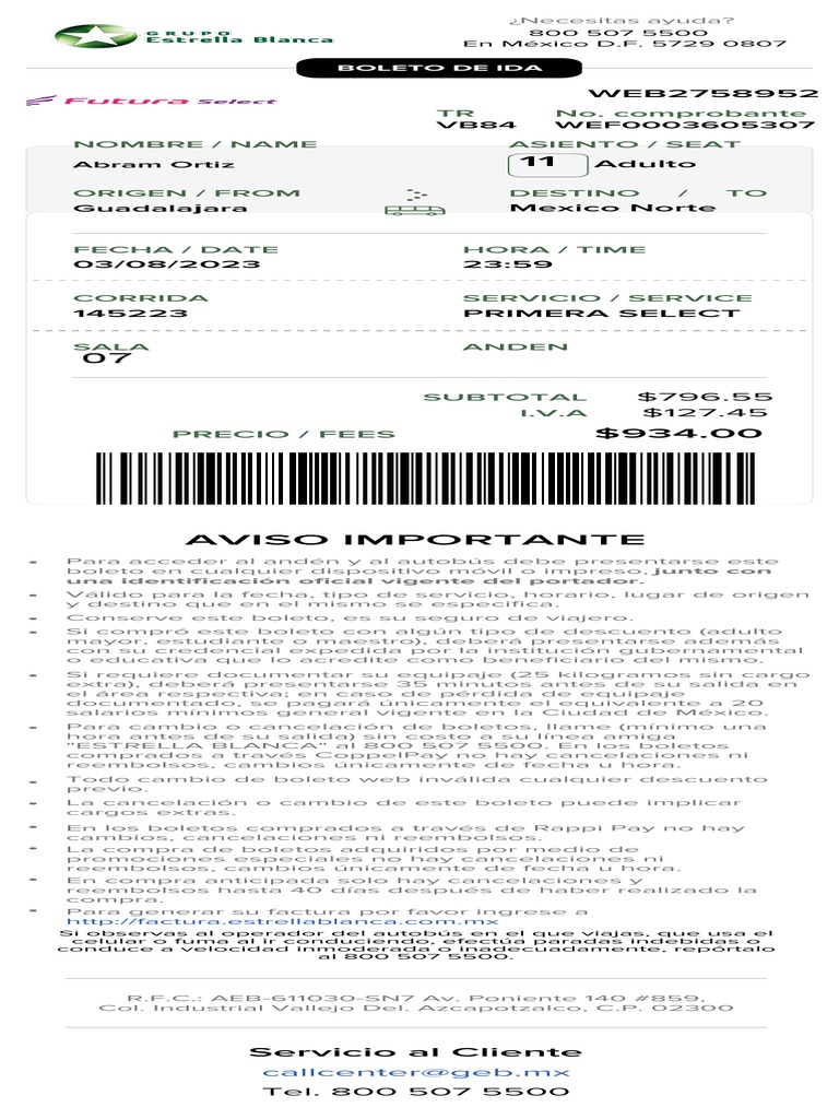 Boleto de autobús Guadalajara-México | PDF