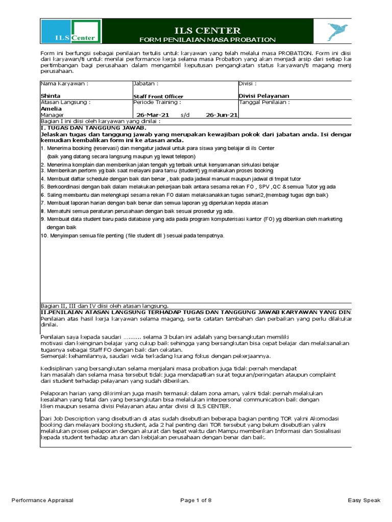 Probation Assessment (Receptionist - Sample) | PDF