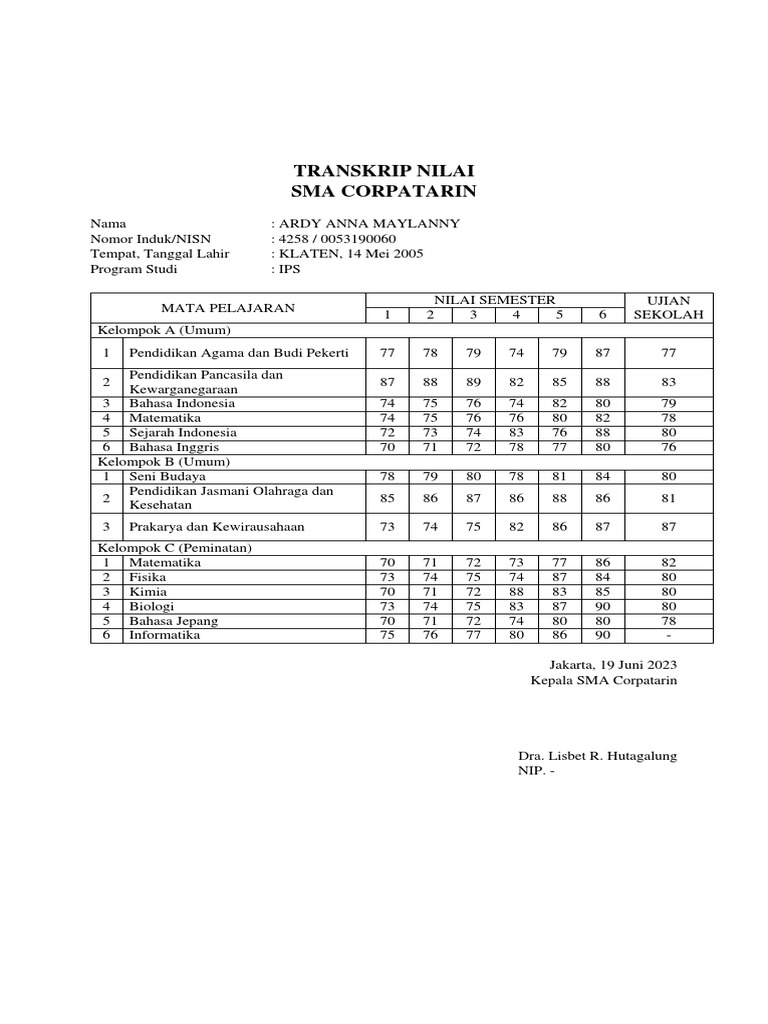 Transkrip Nilai Xii Ips | PDF