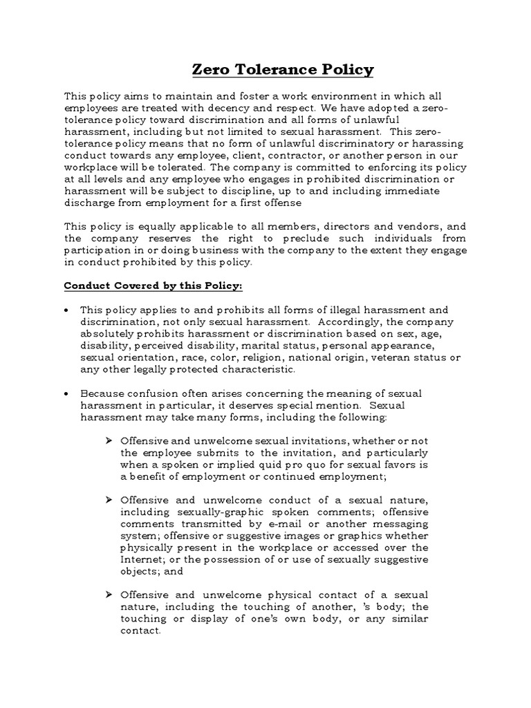 Zero Tolerance Policy | PDF | Sexual Harassment | Discrimination