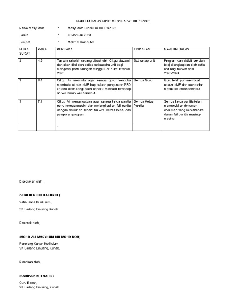 Maklum Balas Minit Mesyuarat Bil 2 2023 | PDF
