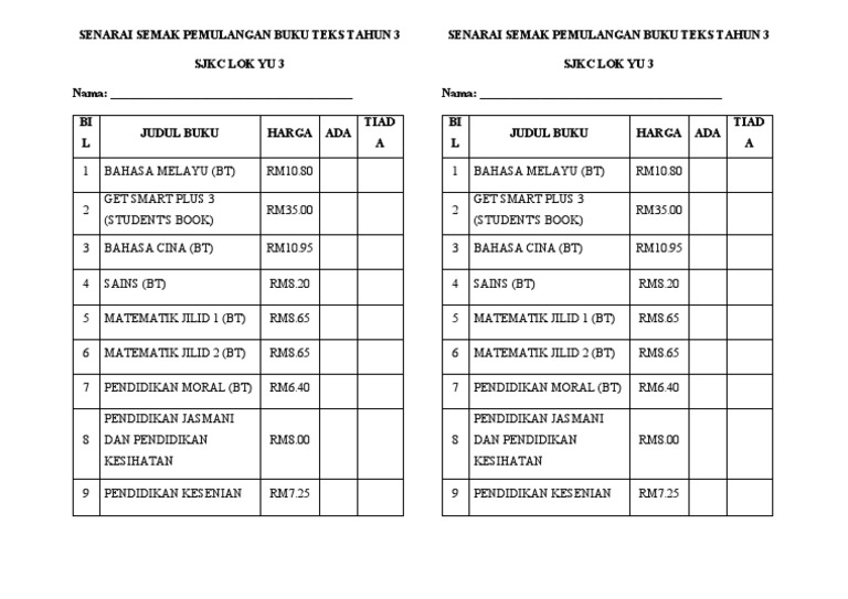 Senarai Semak Buku Teks Tahun 3 SJKC Lok Yu 3 | PDF