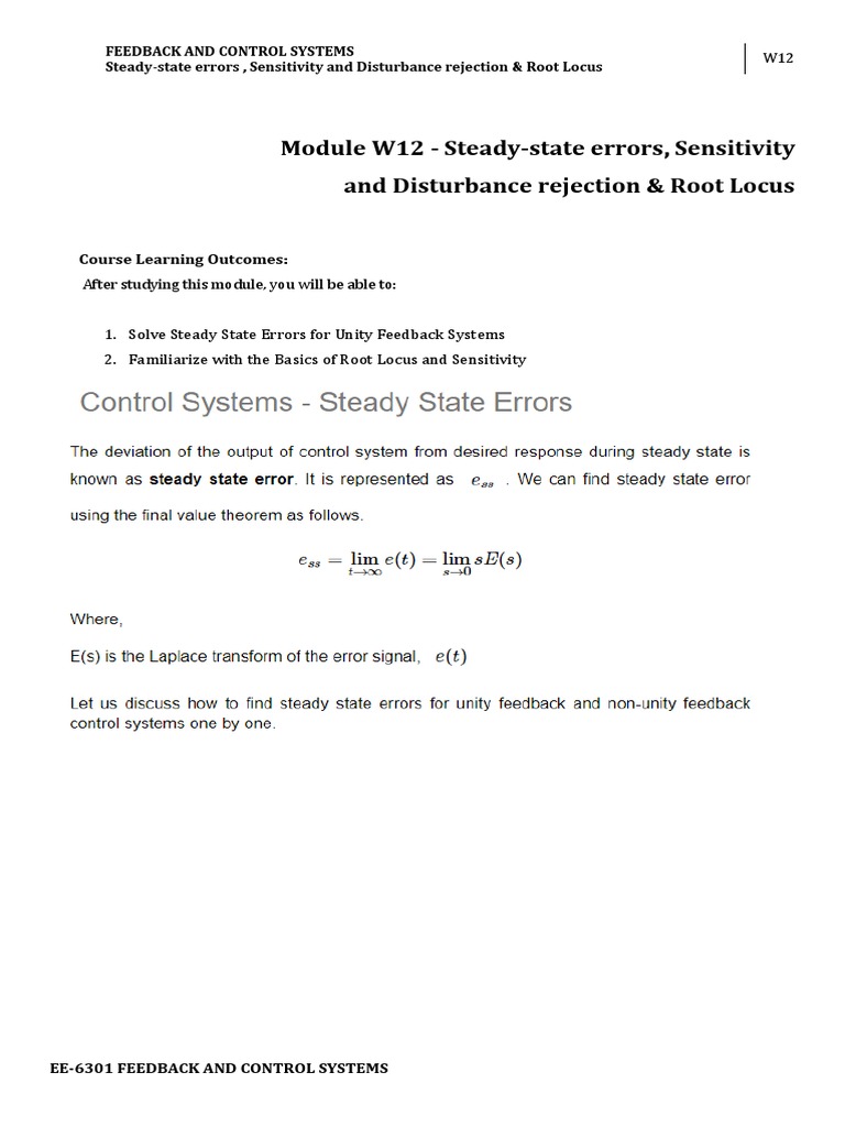 Week 12 - Steady-state Errors, Sensitivity and Distrurbance Rejection _ Root Locus | PDF