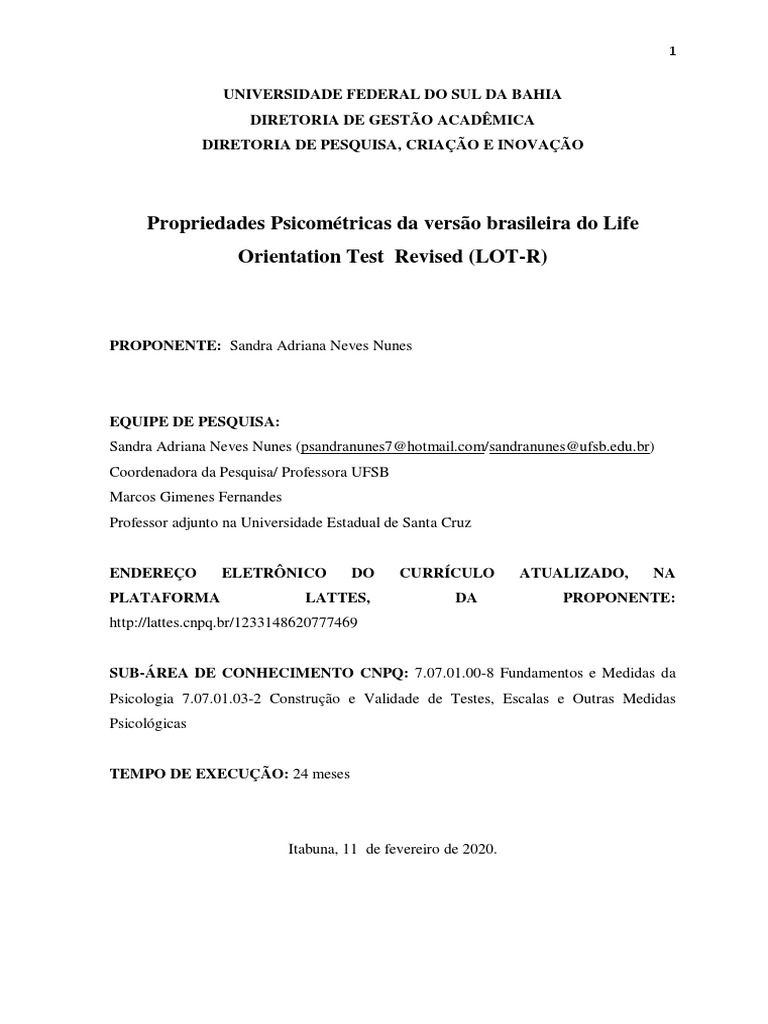 Projeto Propriedades Psicometricas Da Versao Brasileira Do Life ...