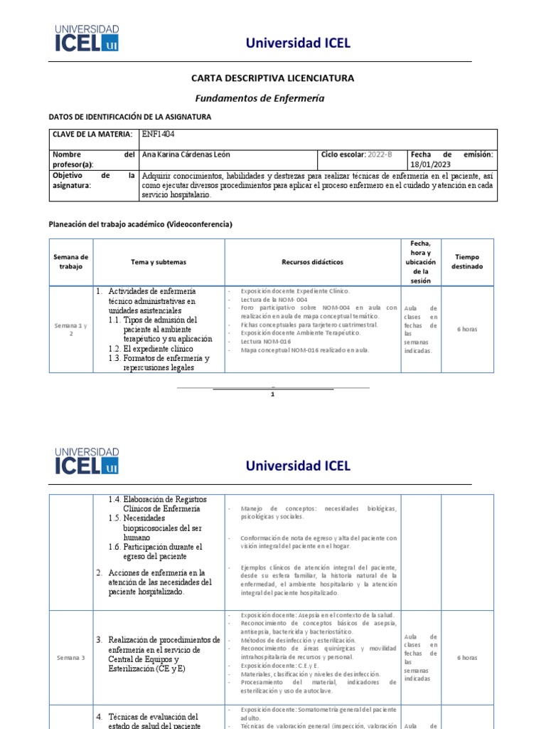 Carta Descriptiva Fundamentos | PDF | Enfermería | Salón de clases