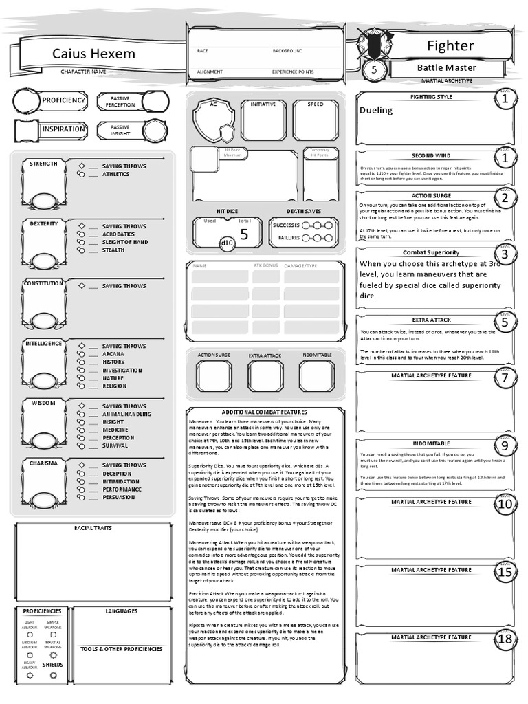 Fighter Character Sheet: Caius Hexem | PDF