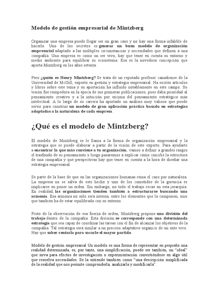 Modelo de Gestión Empresarial de Mintzberg | PDF | Business | Calidad (comercial)