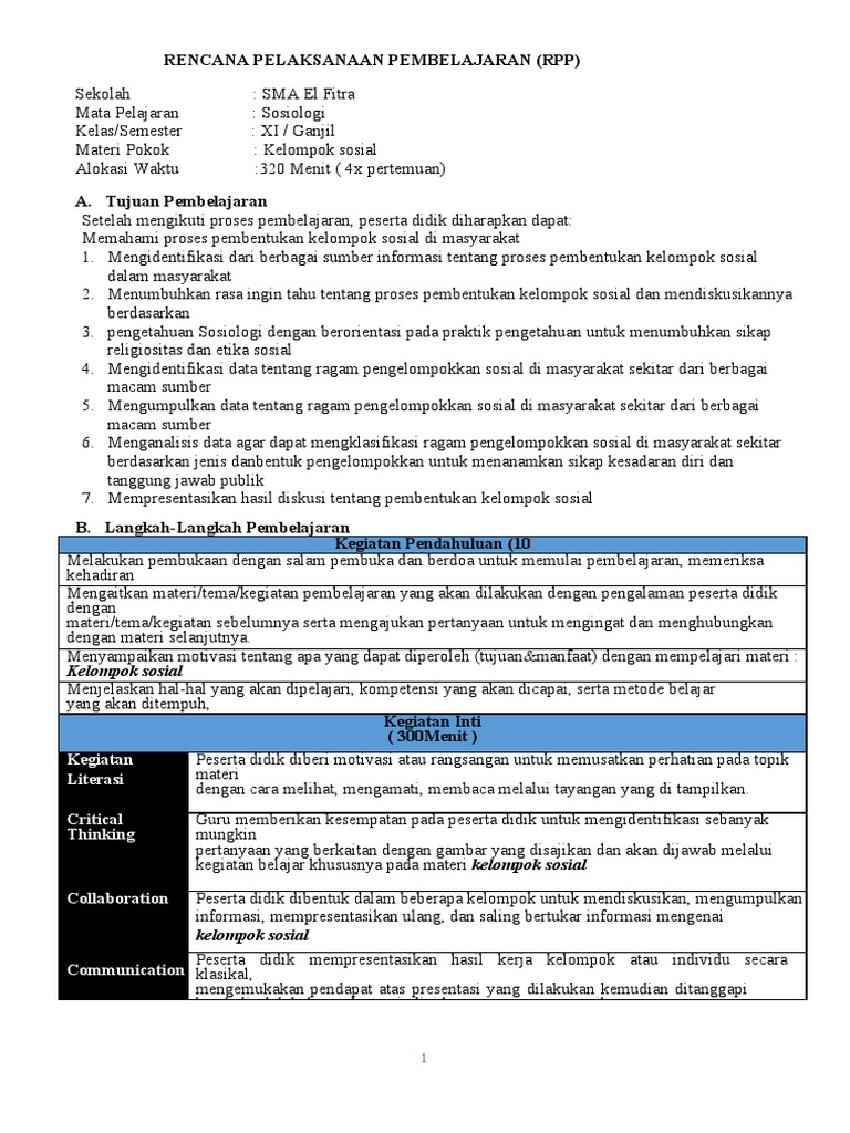 RPP Sosiologi Kelas Xi Kelompok Sosial | PDF