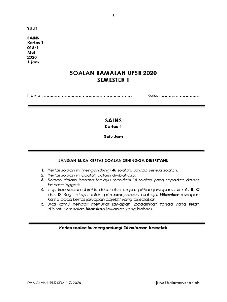 Soalan Ramalan UPSR Sem 1 2020 - Sains K1 (DLP) | PDF