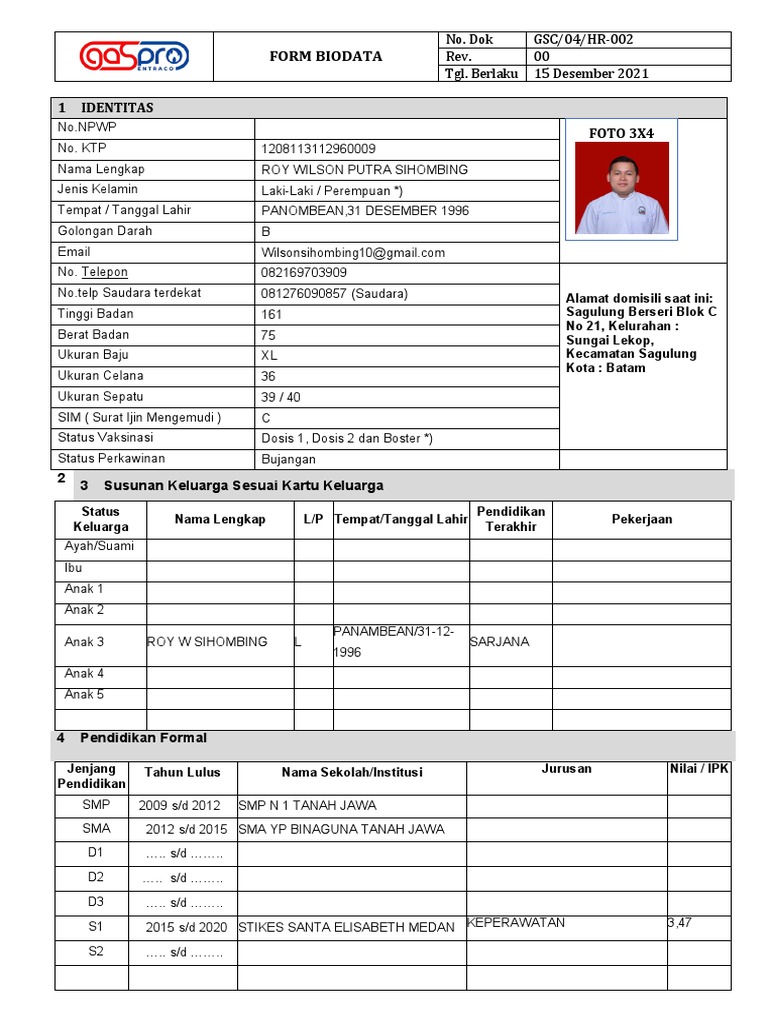 GSC04 HR-002 Form Biodata-Roy | PDF